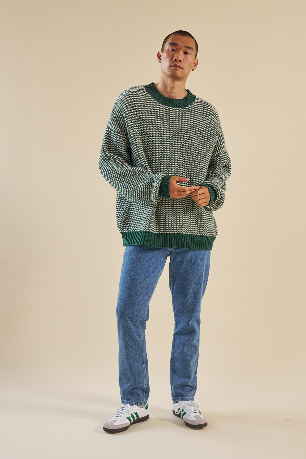 GREEN STRIPE CHUNKY KNIT RIB OVERSIZED SWEATER – bound