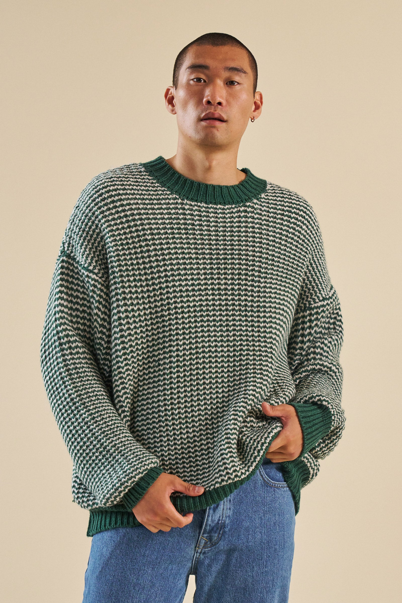 GREEN STRIPE CHUNKY KNIT RIB OVERSIZED SWEATER – bound