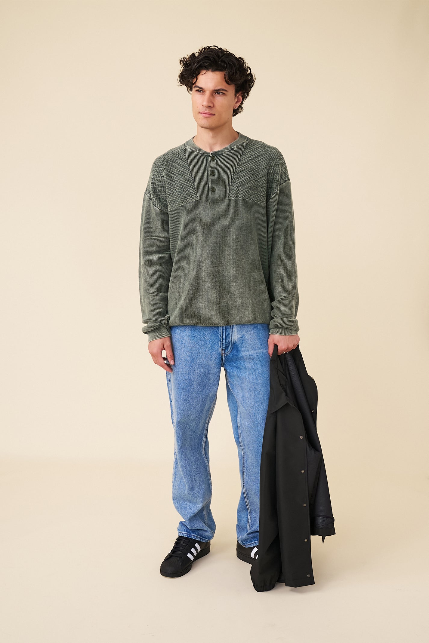 HALF BUTTON PANEL ACID WASHED PULLOVER - GREEN – bound